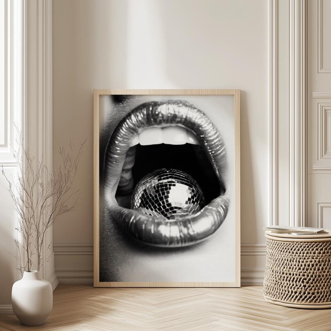 Woman Disco Ball Poster, 70S Party Print, Black And White Disco Ball ...