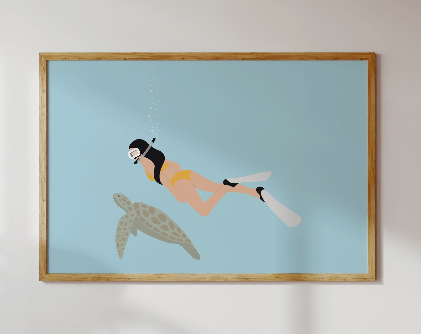 Woman Diving with Turtle Print | Minimalist Woman Ocean Swimming ...