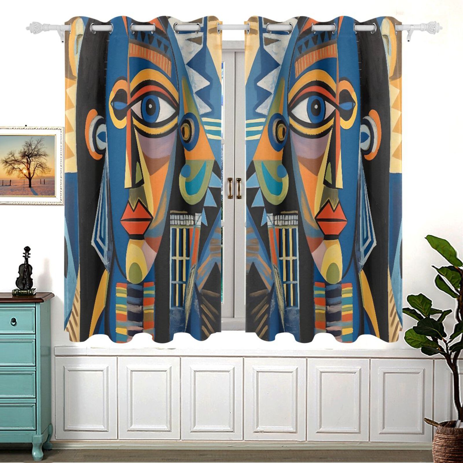 Woman Face Abstract Curtain Black Out Thermal Insulation Curtains ...