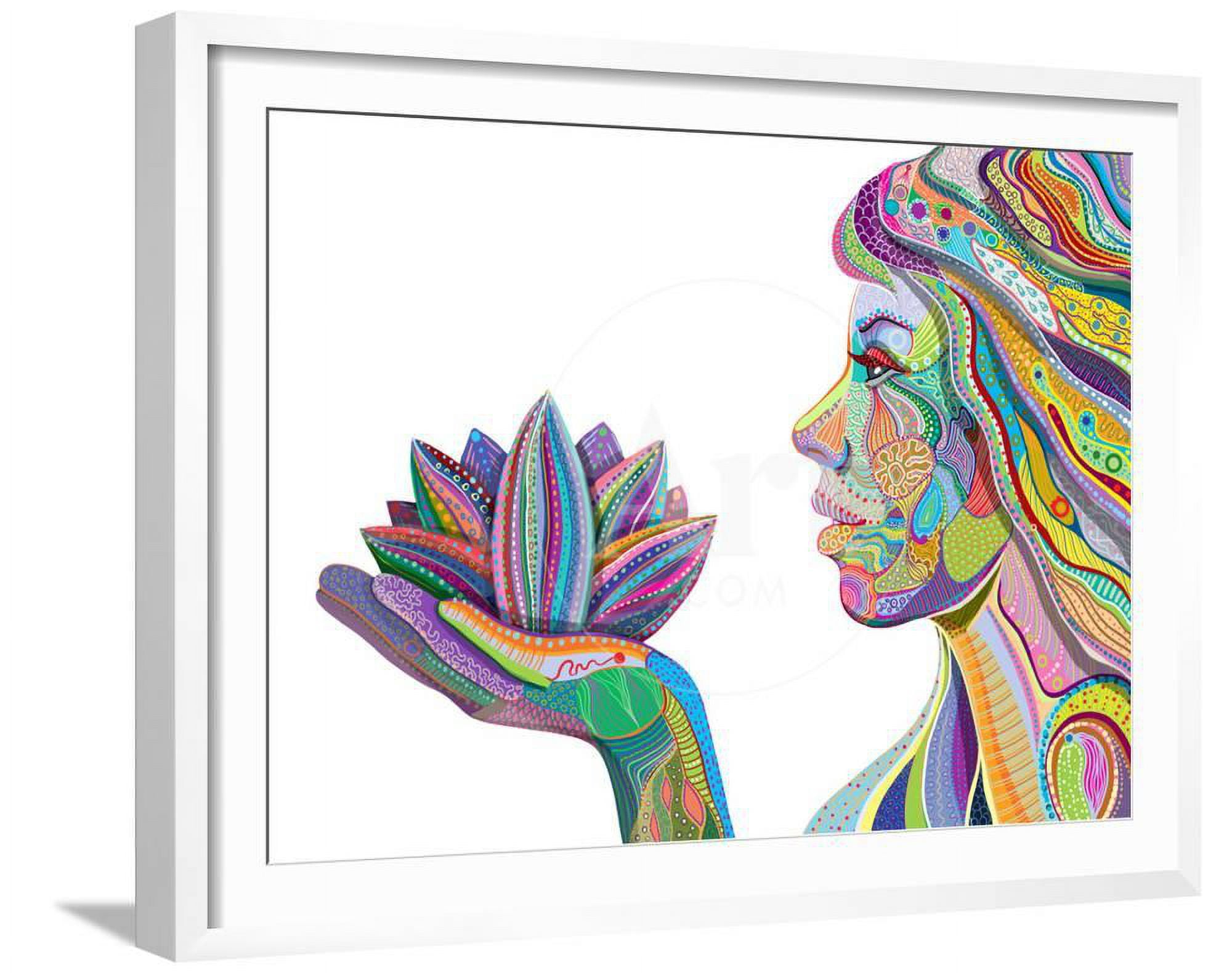 Woman Face With Multicolored Indian Pattern Holding Lotus Flower, Side ...