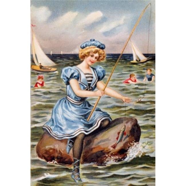 Woman Fishing Nostalgia Cards Poster Print - 18 x 24 in. - Walmart.com