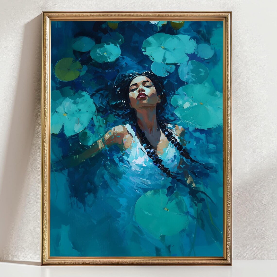 Woman Floating in Water Art Ethereal Lily Pad Blue Water Dreamy ...