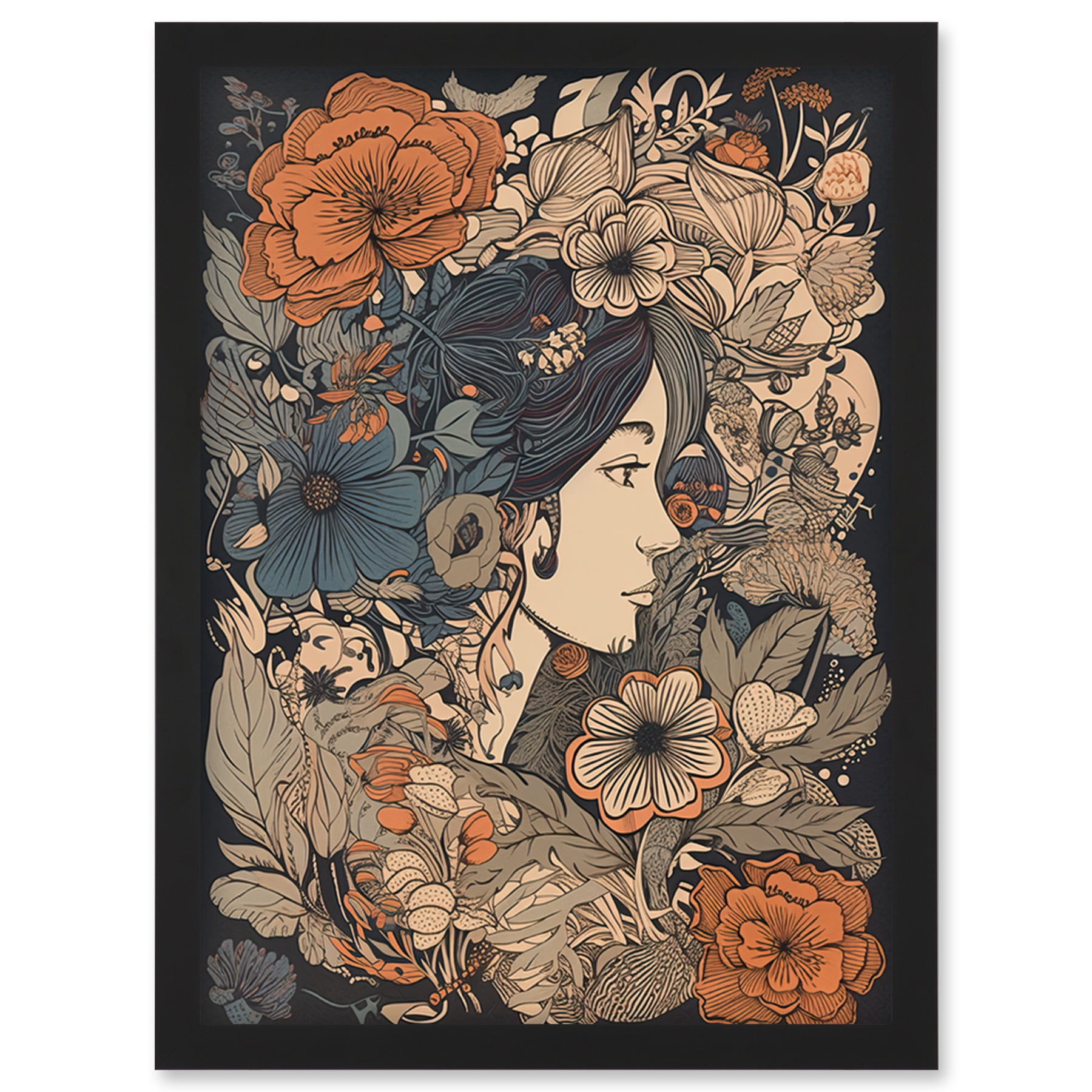 Woman Floral Profile Portrait Boho Art Nouveau Artwork Framed Wall Art ...