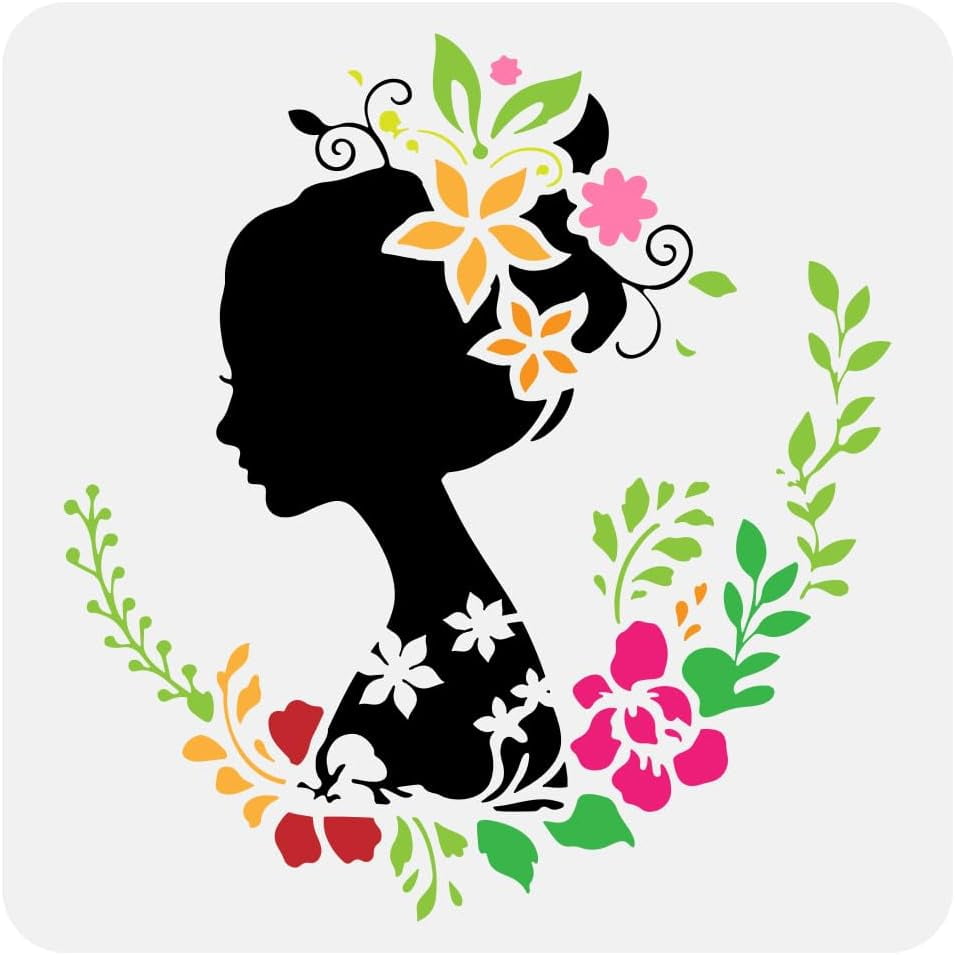 Woman in Flower Stencil 11.8x11.8" Woman Profile Silhouette Painting ...
