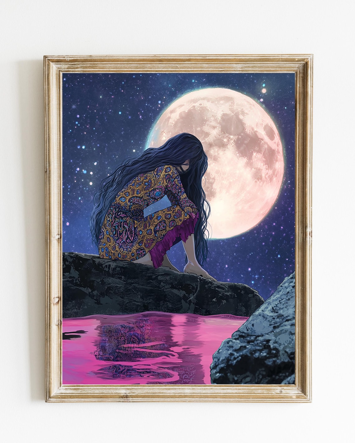 Woman Gazing into Water Moonlit Water Print Poster Modern Boho Wall ...