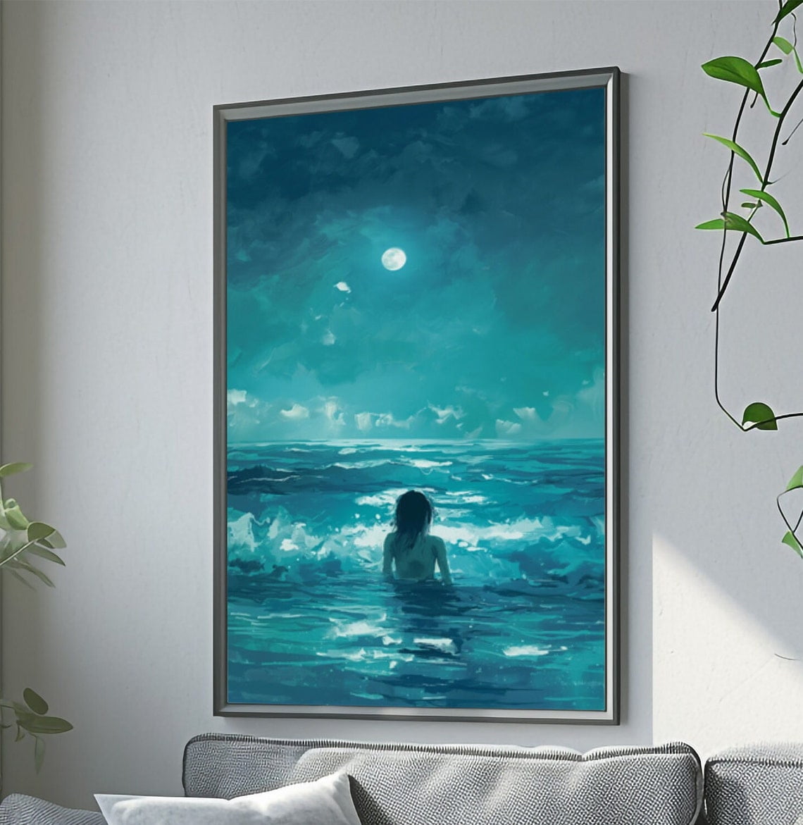 Woman In Blue Sea Abstract Swimming In Ocean Watching Portrait Elegant ...