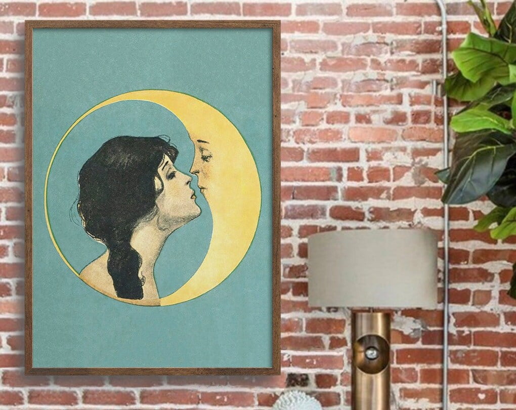 Woman Kissing Moon, Moon Kiss, Moon Wall Art, Vintage Wall Art ...