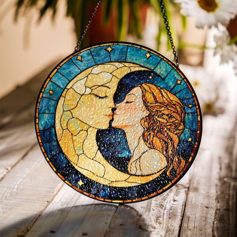 Woman Kissing Moon Stained Glass SunCatcher Moon Light Catcher Window ...