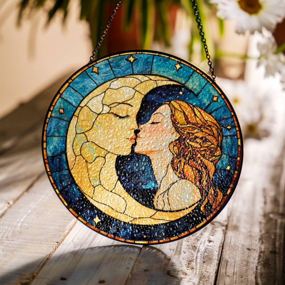 Woman Kissing Moon Stained Glass SunCatcher Moon Light Catcher Window ...