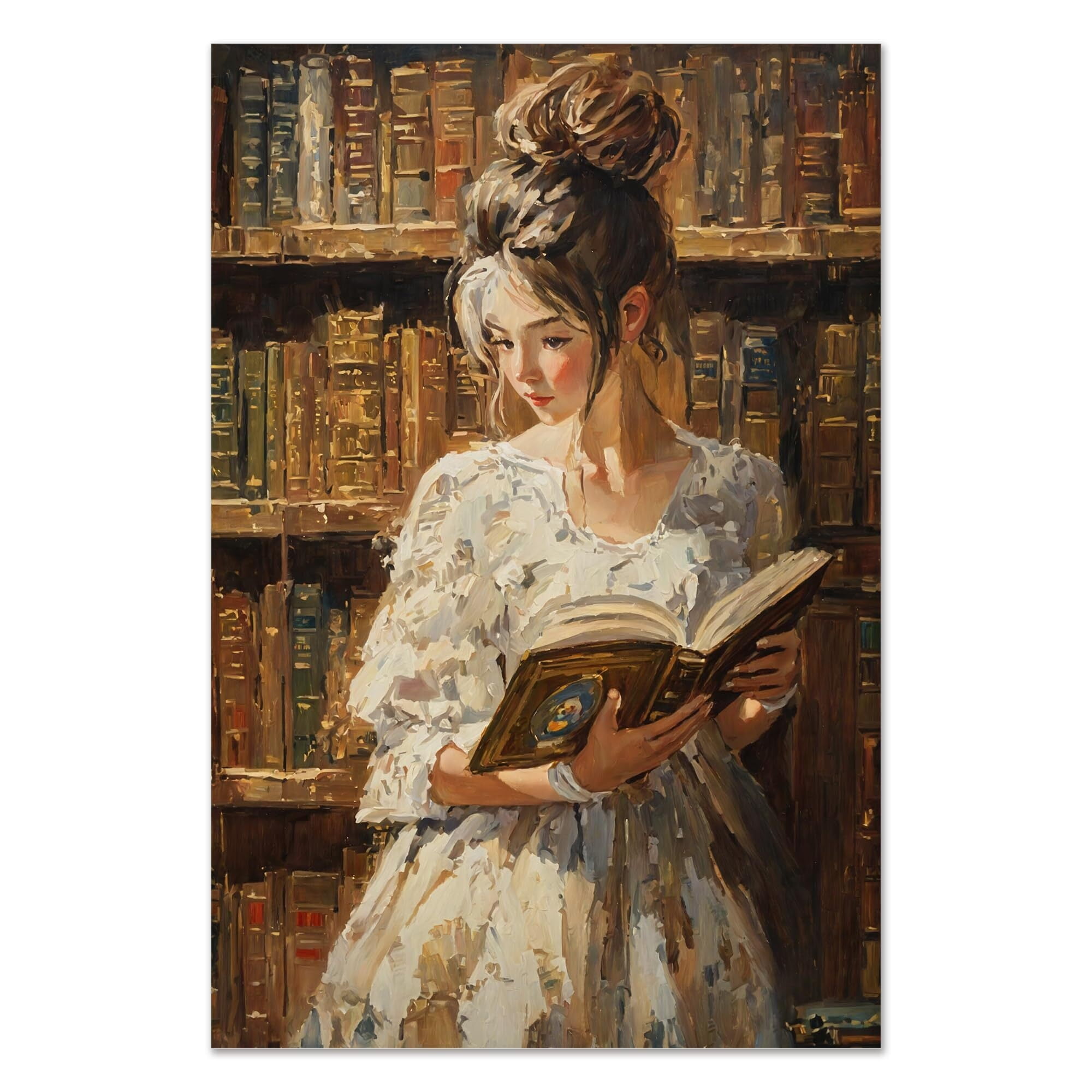 Woman in Library Oil Painting Wall Art Vintage Style Oil Painting ...
