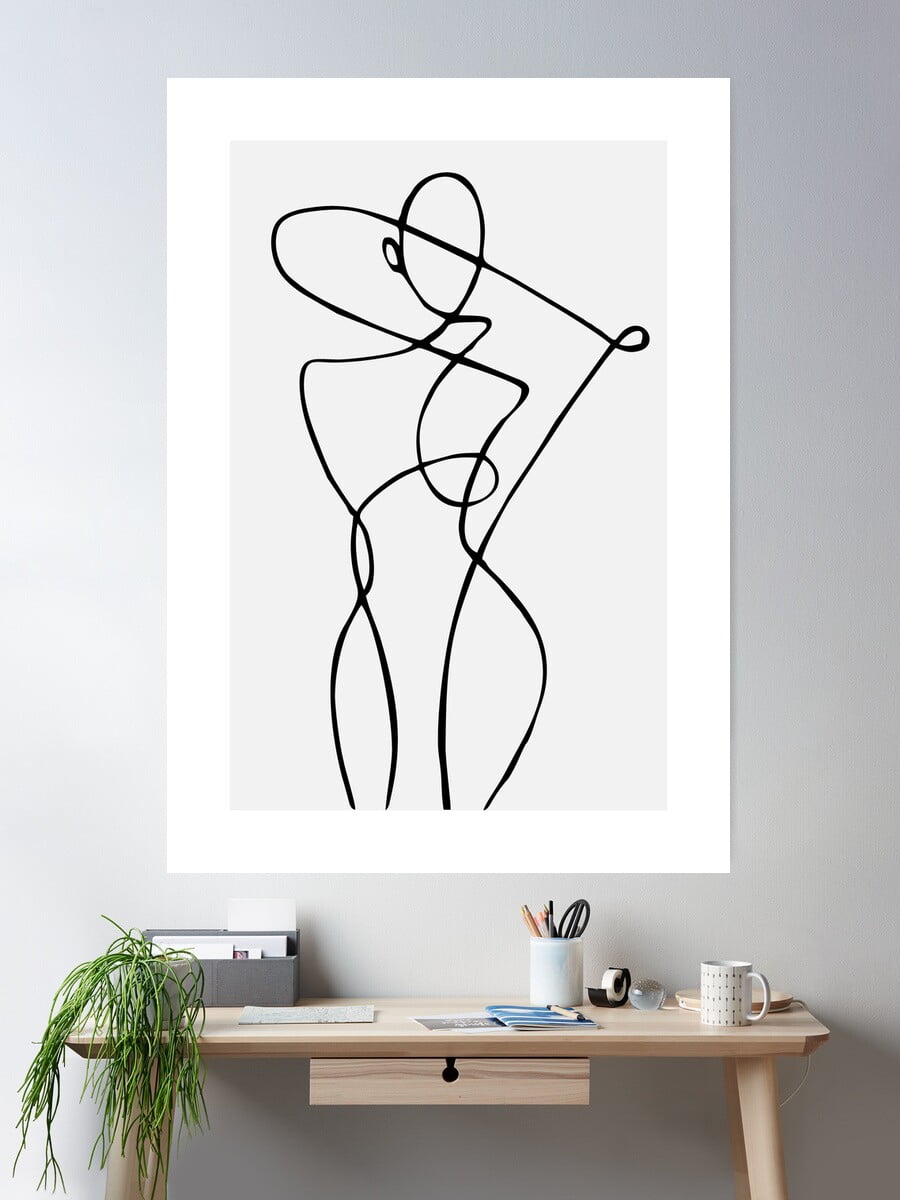Woman Line Drawing On A Grey Background Poster Wall Art, Modern Wall ...
