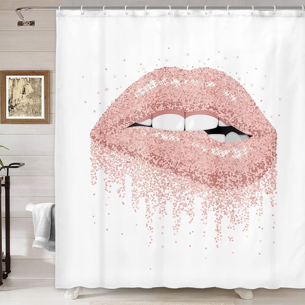 Woman Lips Shower Curtain for Bathroom, Female Pink Lips French Kiss in ...