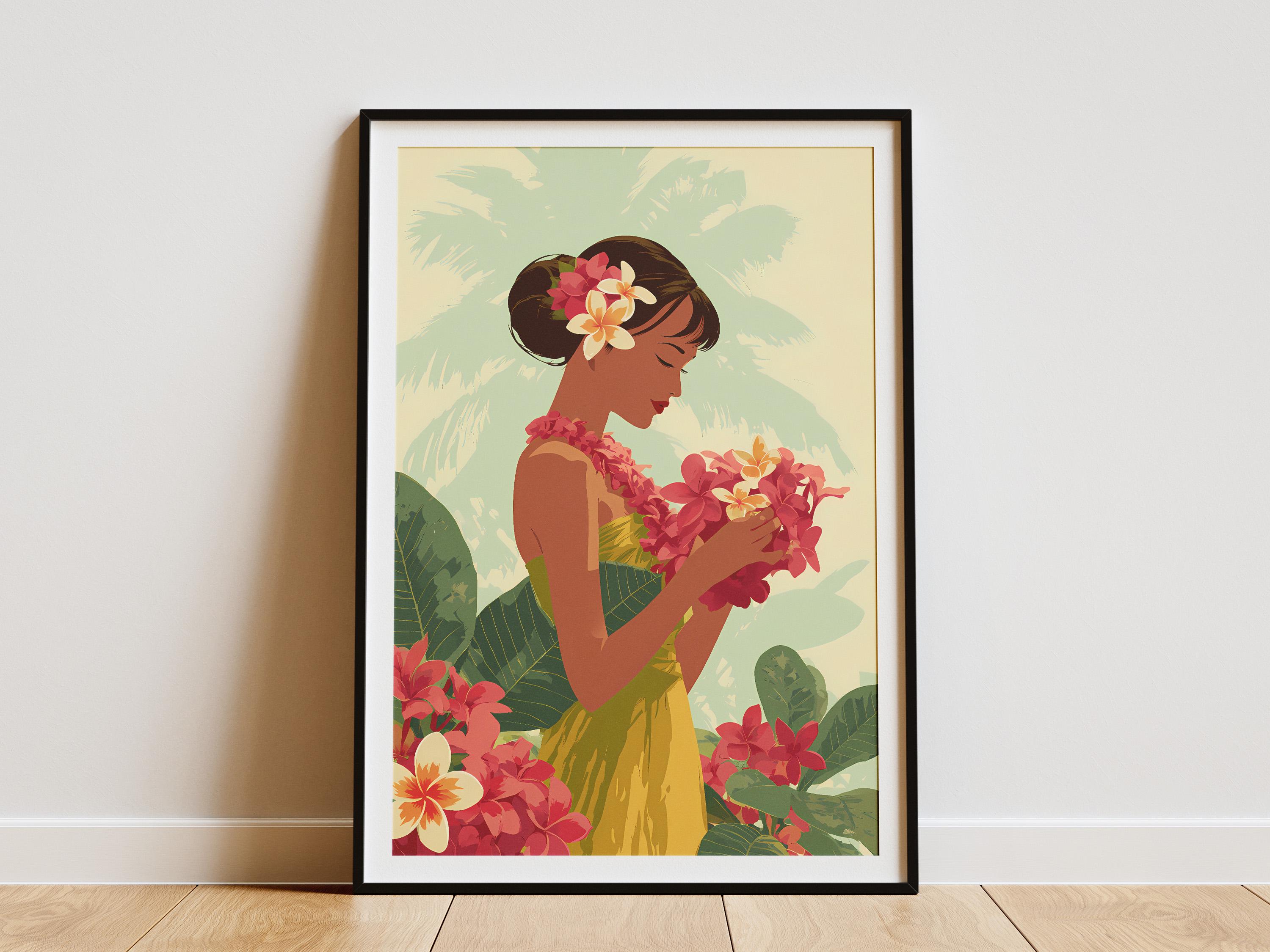 Woman Making Lei with Plumeria Flowers Art Print Hawaiian Girl Poster ...