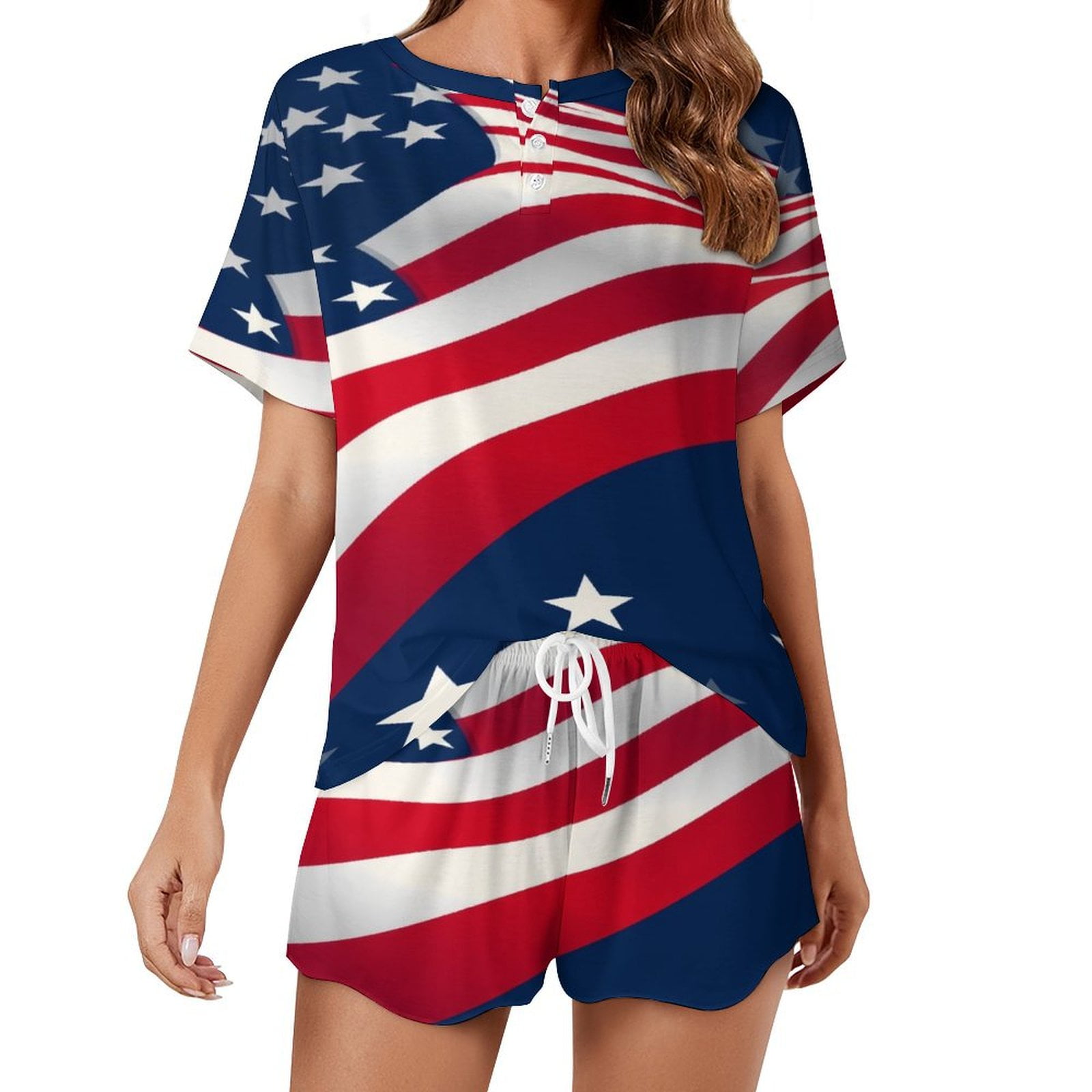 Woman Pajamas Set American Flag Waving Stars Summer Short-Sleeved ...