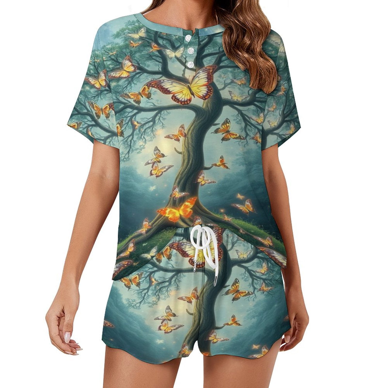 Woman Pajamas Set Butterfly Tree Magic Summer Short-Sleeved Female Suit ...