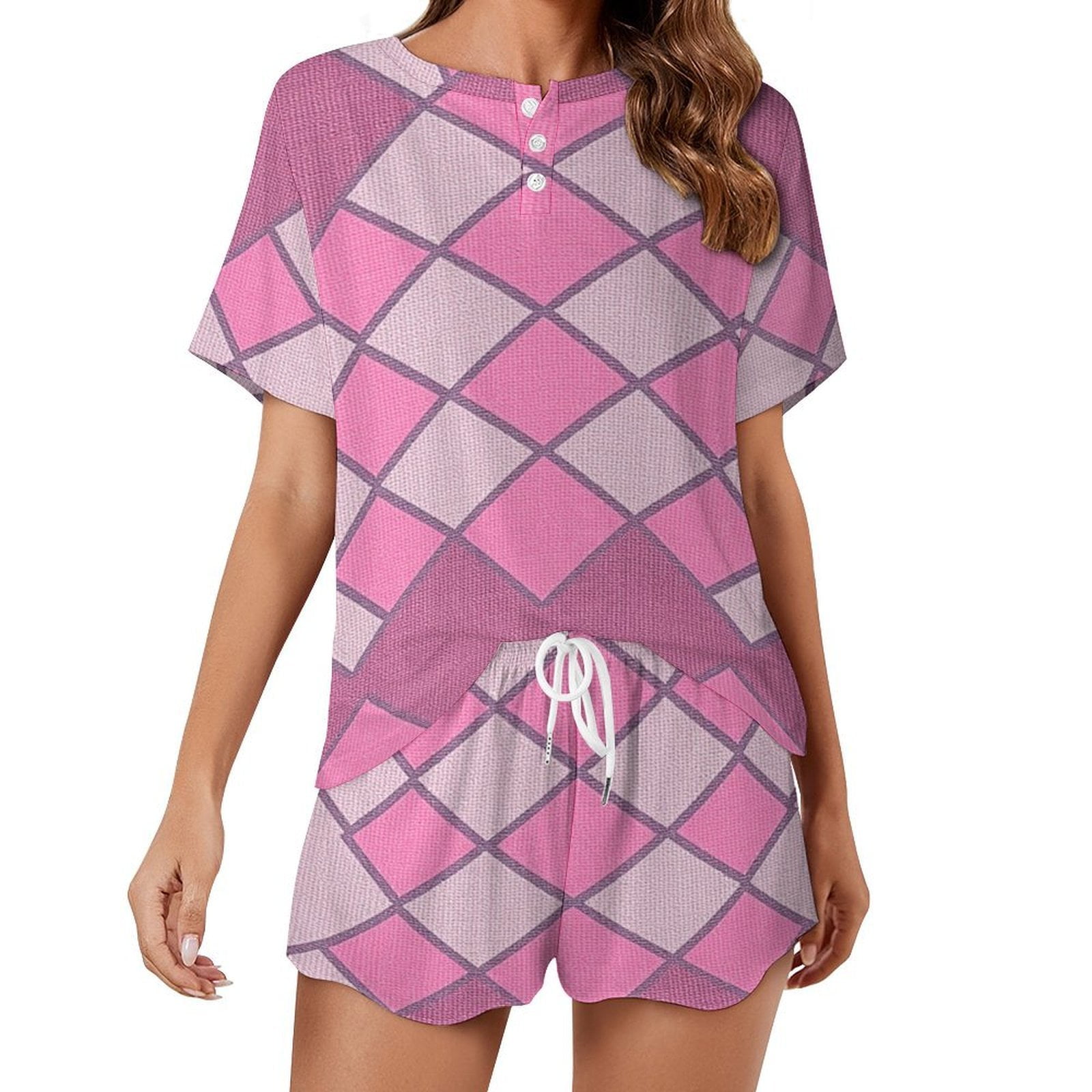 Woman Pajamas Set Diamond Grid Summer Short-Sleeved Female Suit ...