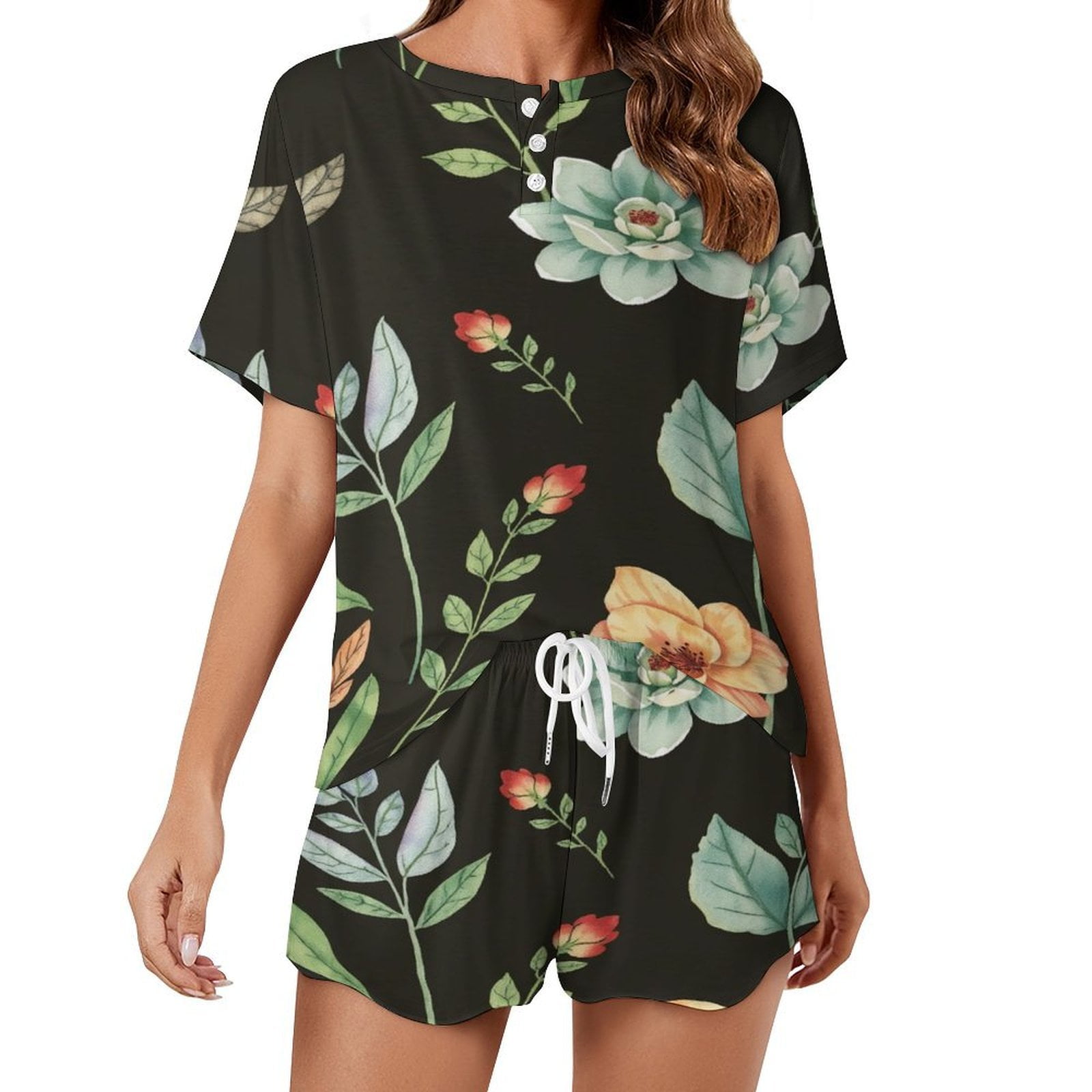 Woman Pajamas Set Floral Black Pattern Summer Short-Sleeved Female Suit ...