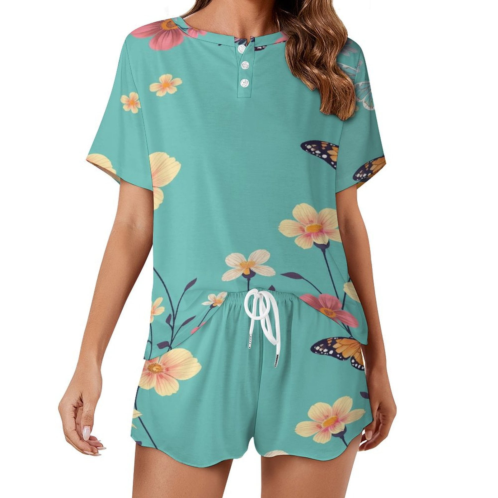 Woman Pajamas Set Floral Butterfly Design Summer Short-Sleeved Female ...