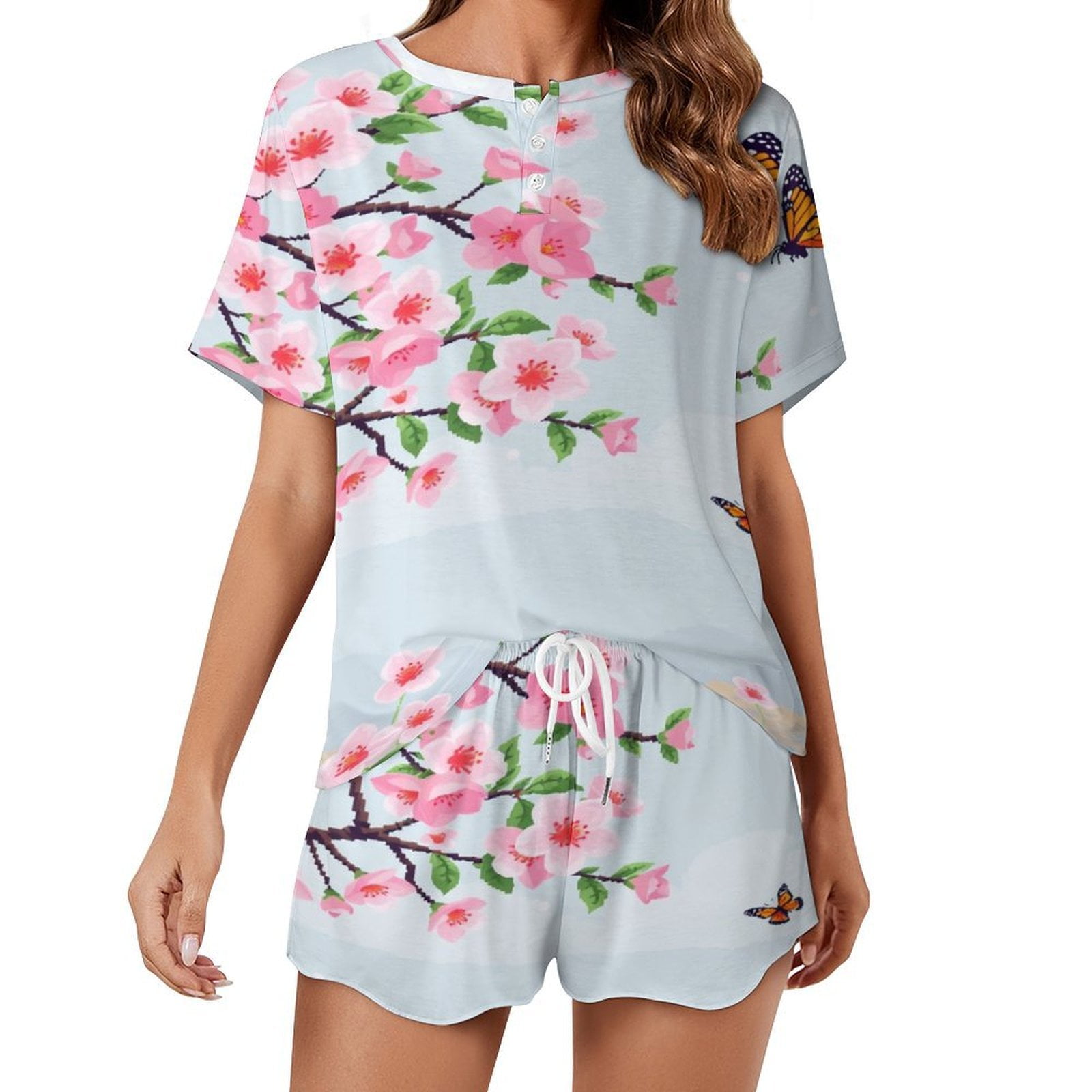 Woman Pajamas Set Flowers Butterflies Spring Summer Short-Sleeved ...