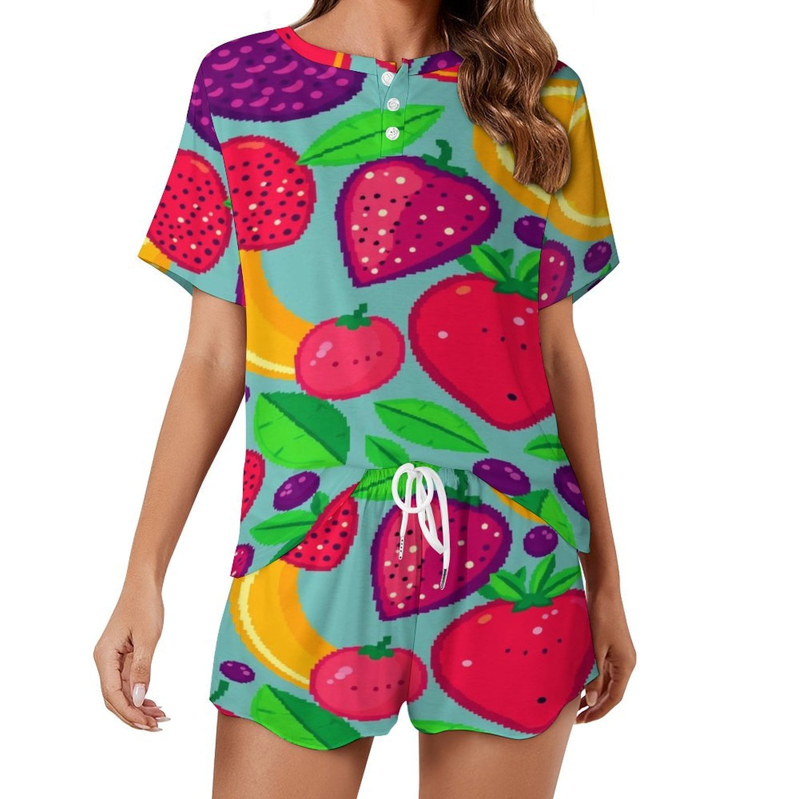 Woman Pajamas Set Fruity Pixel Art Summer Short-Sleeved Female Suit ...