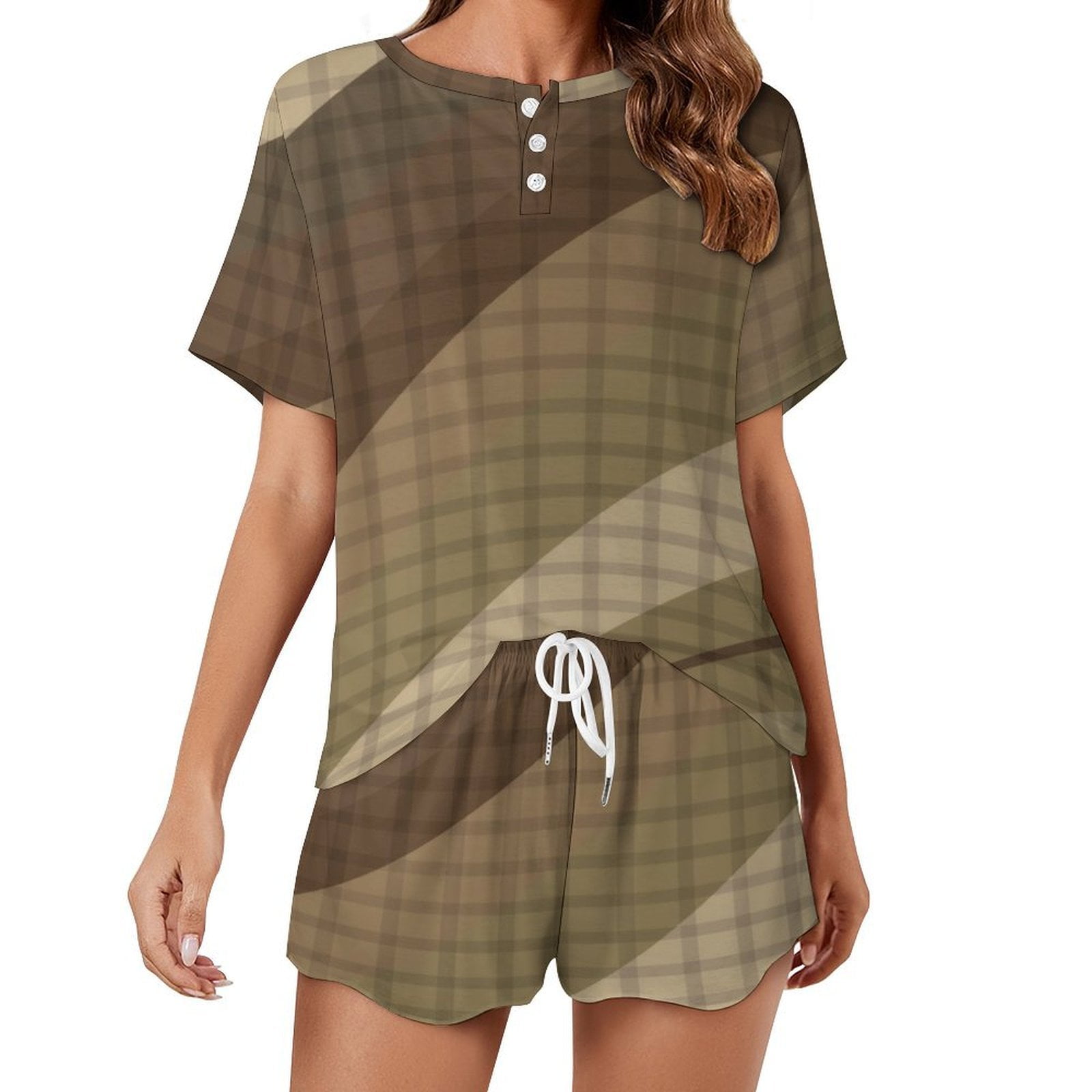 Woman Pajamas Set Grid Stripe Pattern Summer Short-Sleeved Female Suit ...