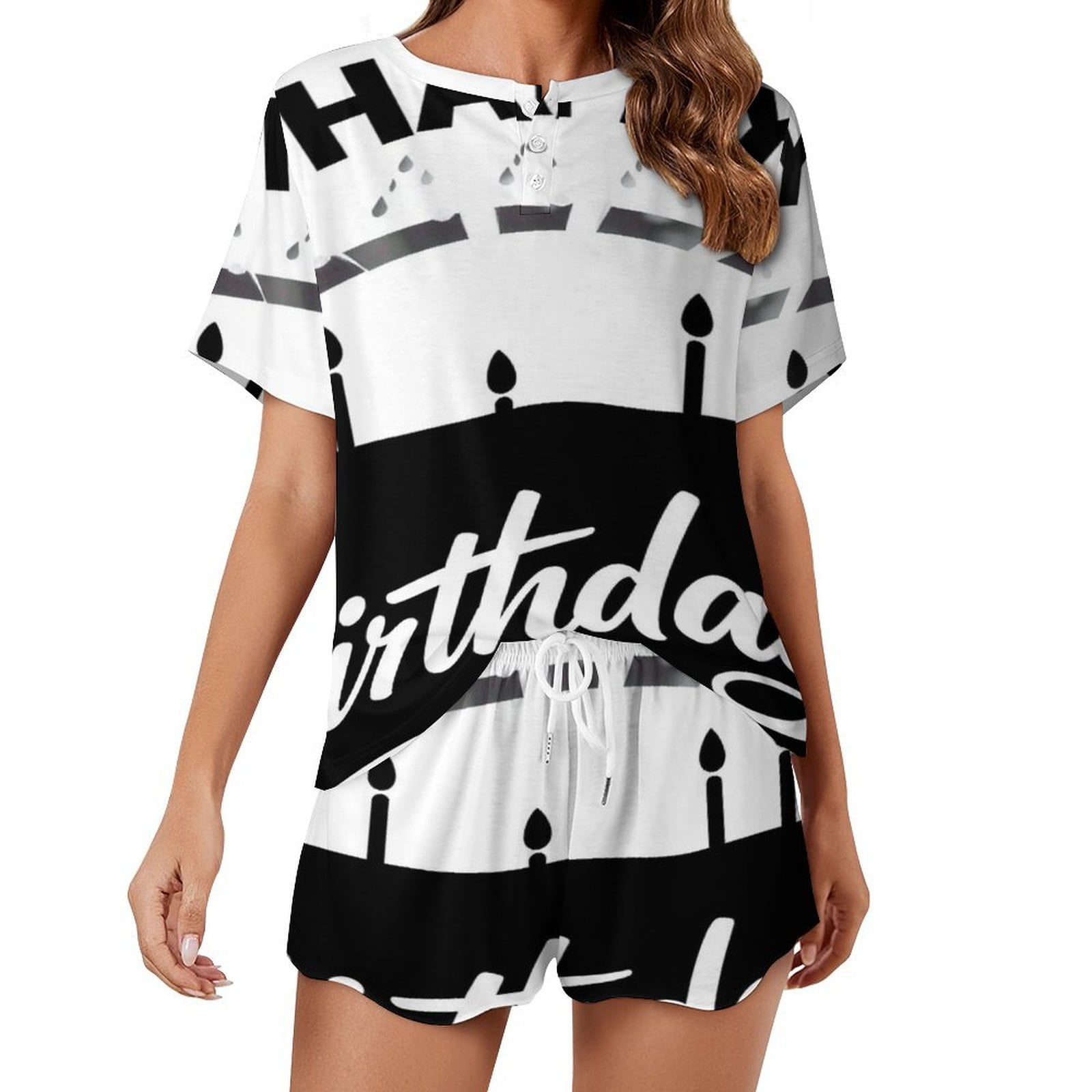 Woman Pajamas Set Happy Birthday Cake Summer Short-Sleeved Female Suit ...
