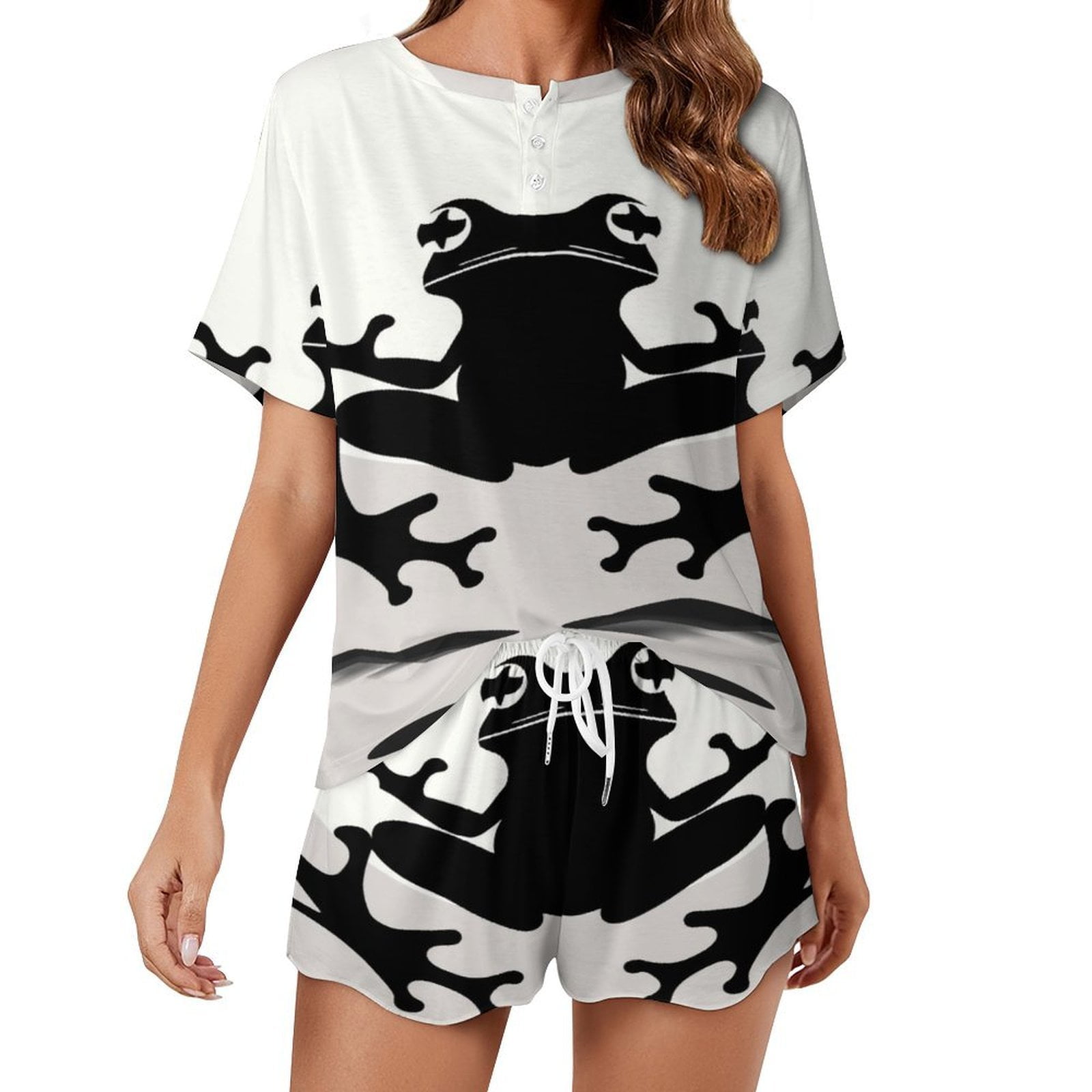 Woman Pajamas Set Silhouette Frog Moonlit Branch Summer Short-Sleeved ...