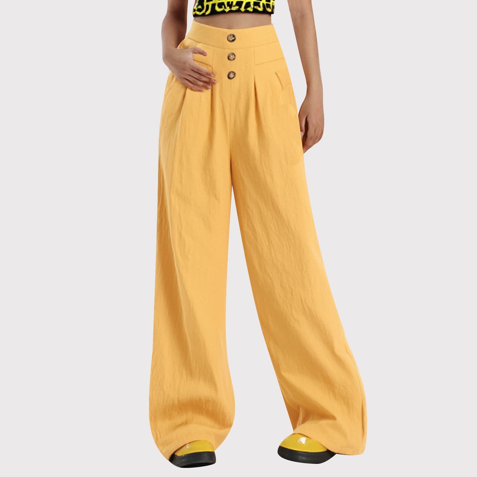 Woman Pants Wide Straight Leg Baggy Yellow Pants Casual Outfits ...