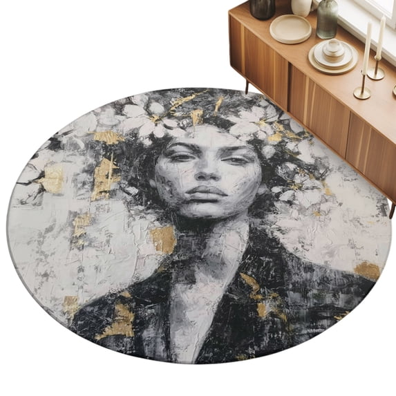 Woman Portrait Area Rugs 5' (Round) Abstract Female Gold White Floral ...