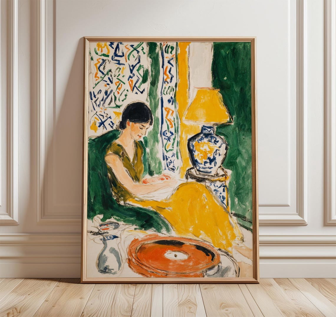 Woman Reading Art Impressionist Interior Scene Green Yellow Orange ...