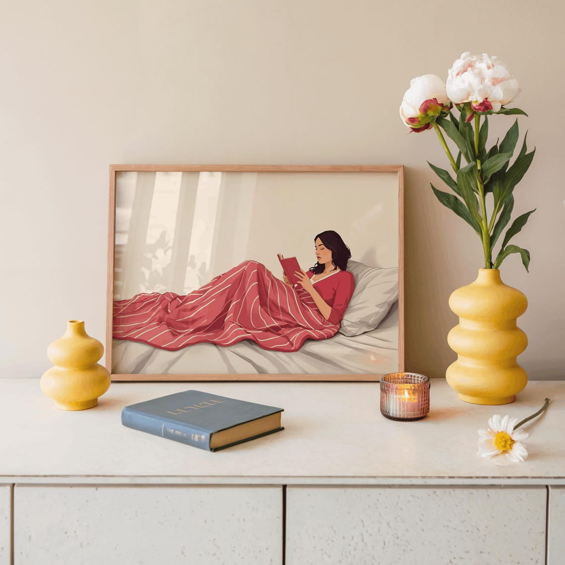 Woman Reading In Bed Poster, Book Lover Wall Art Print, Reading Book ...