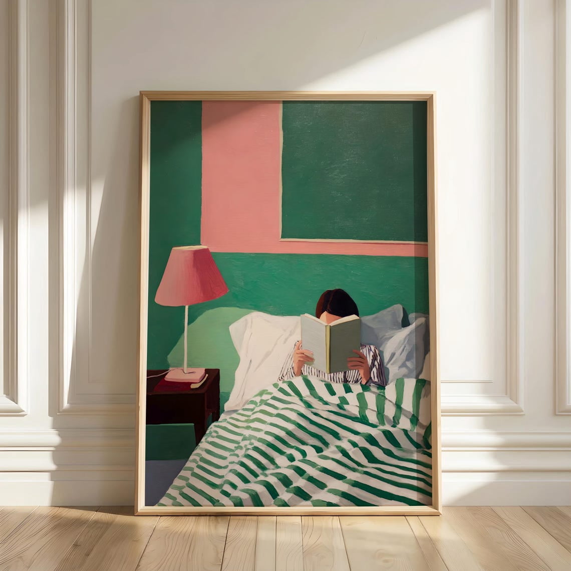 Woman Reading in Bed Book Lover Wall Art Cozy Bedroom Decor Pink Green ...