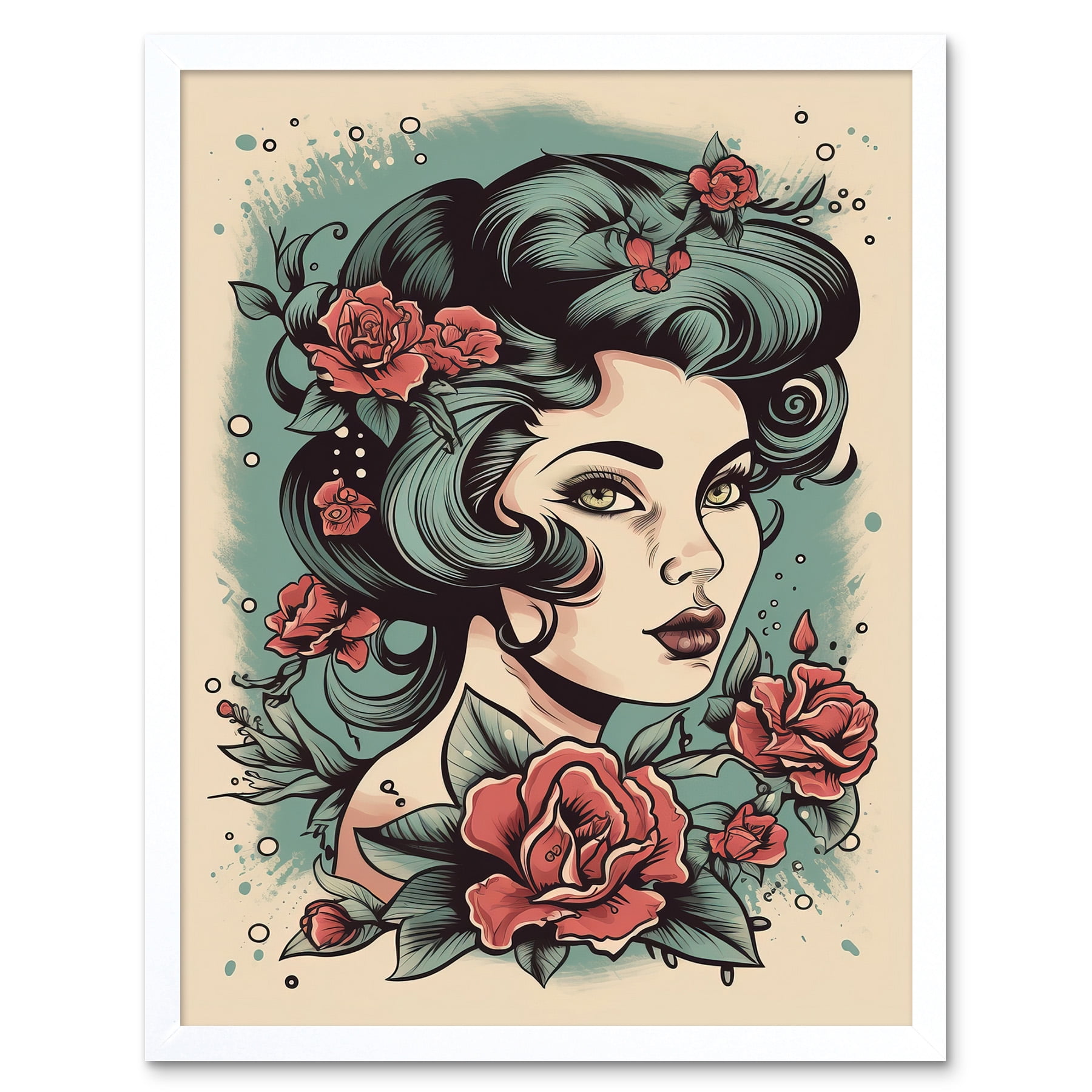 Woman Rose Flowers Pin Up Rockabilly Americana 50s Art Print Framed ...