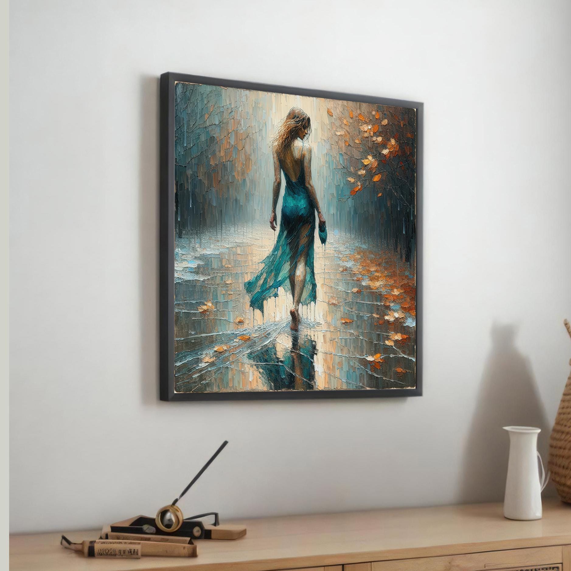 Woman In Teal Dress Walking In Rain – (Black, White, Gold, Silver ...