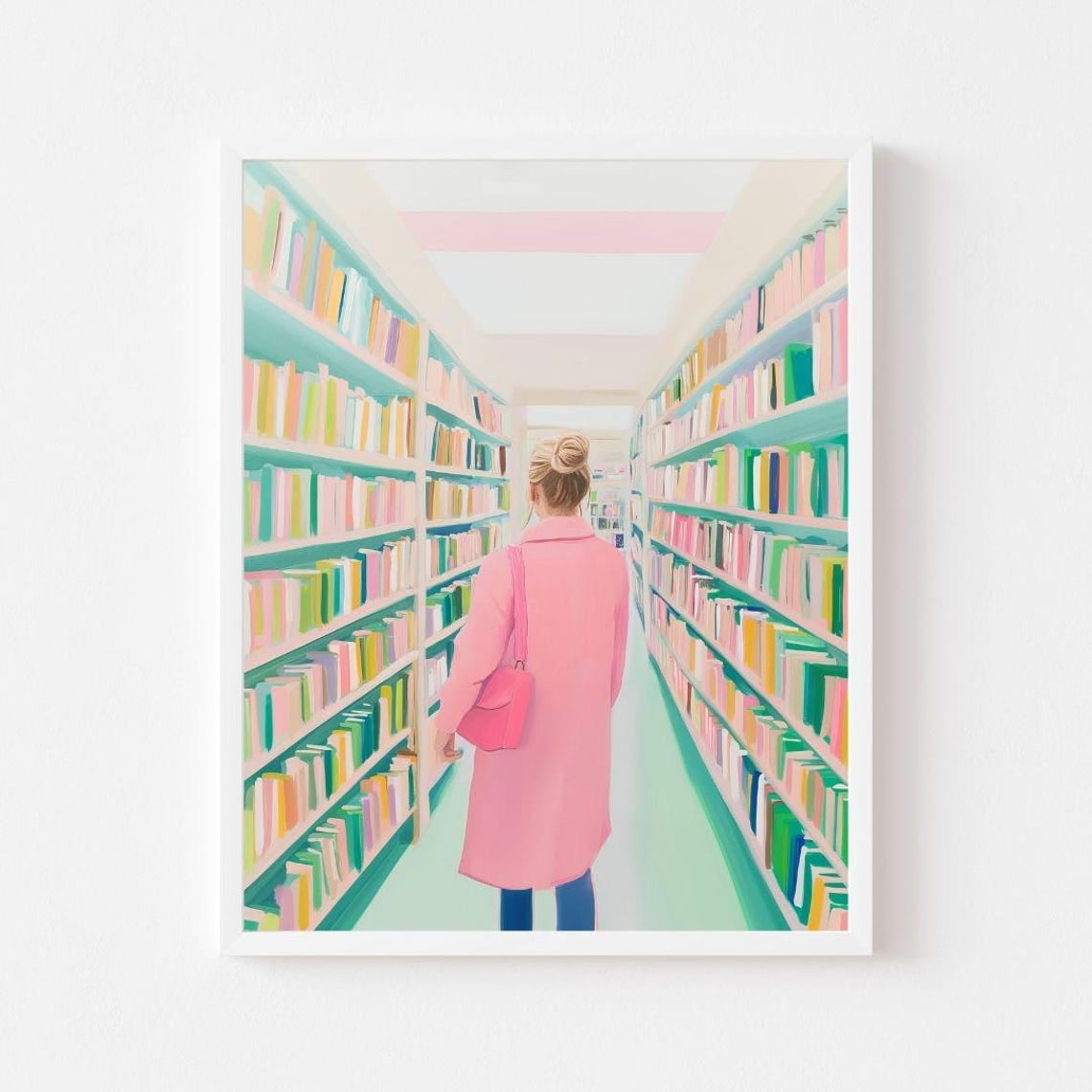 Woman Walking Through Book Store Painting Pastel Reading Nook Wall Art ...