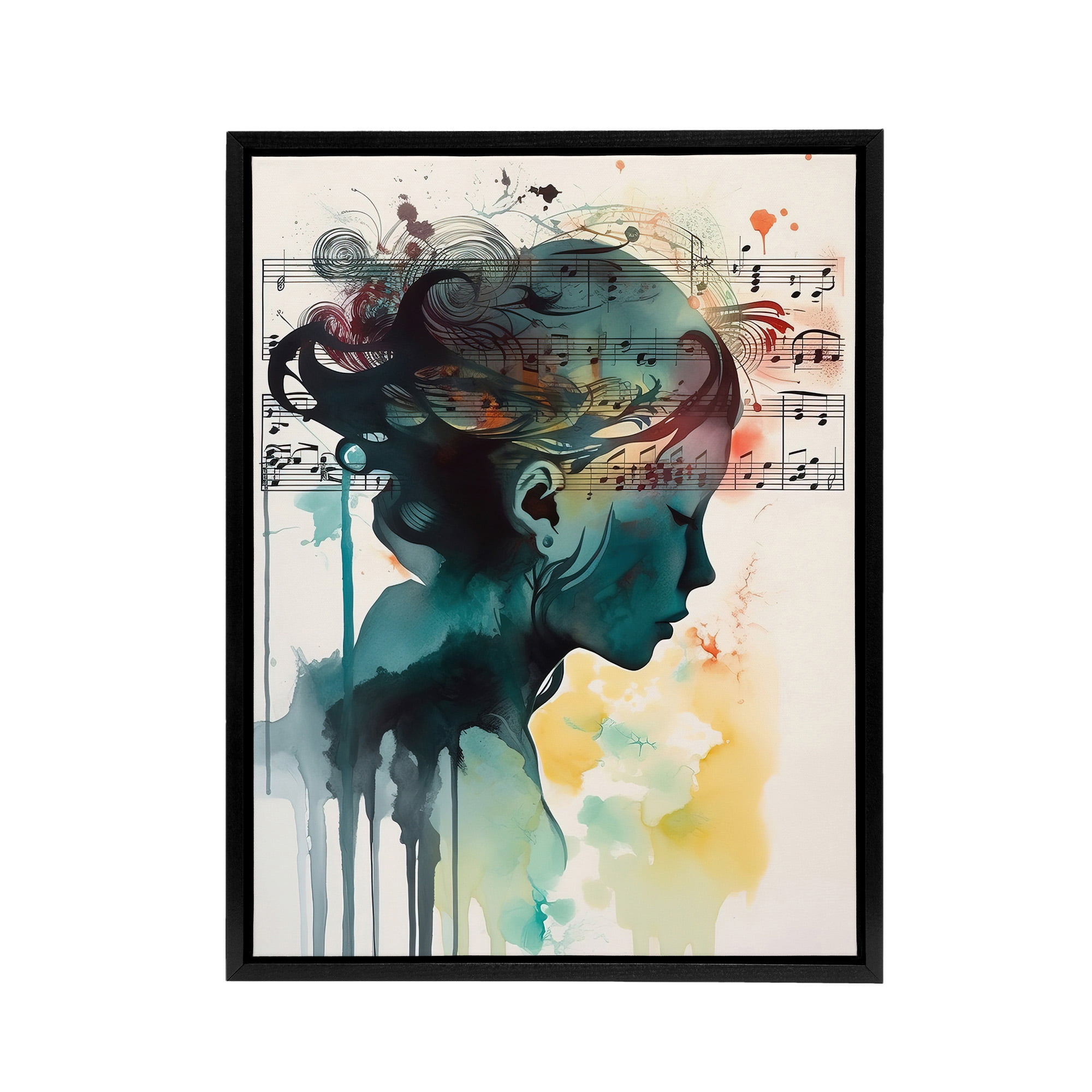 Woman Watercolour Portrait With Music Notes Black Framed Canvas Art ...
