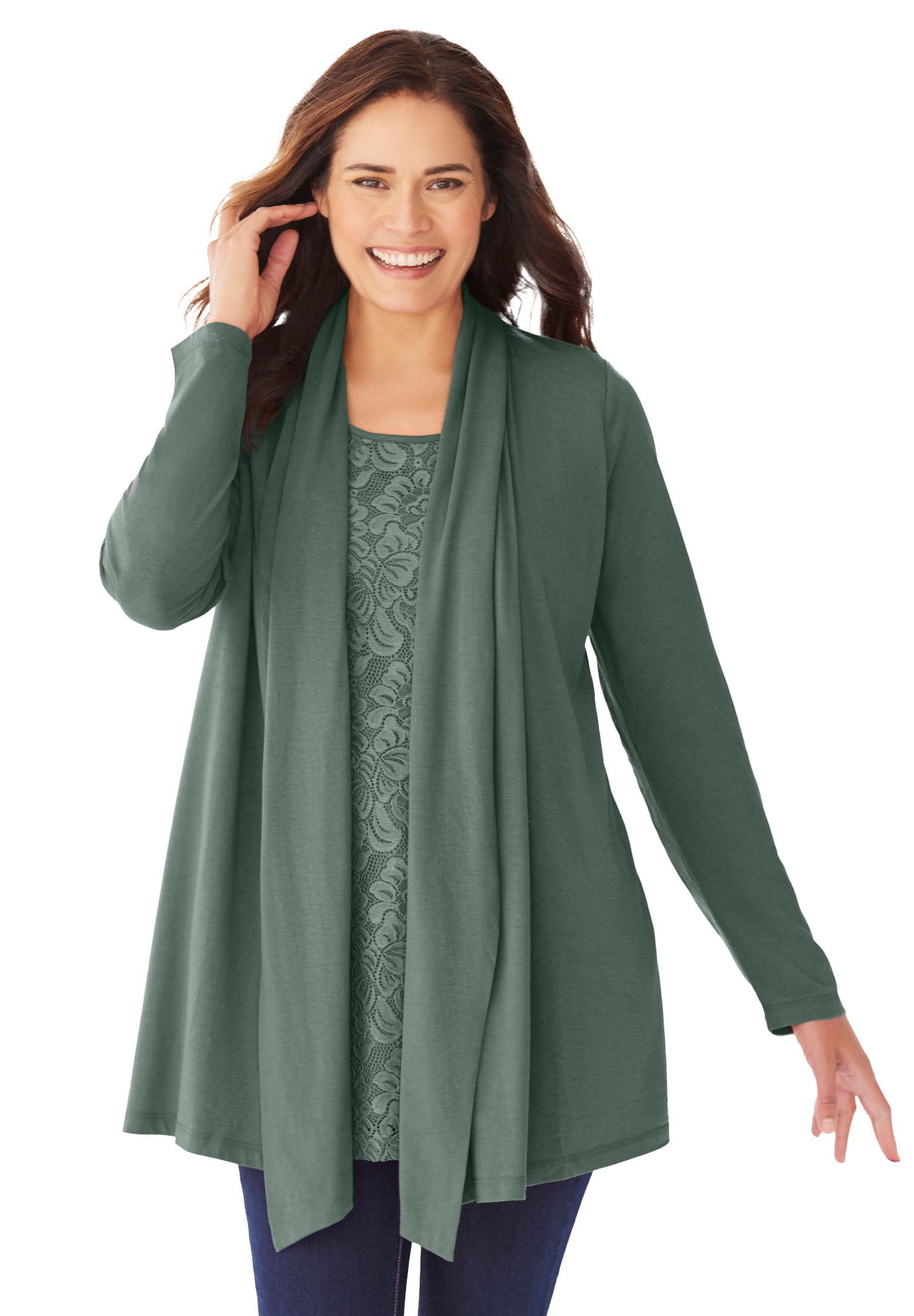 Woman Within Plus Size 2-Fer Cardigan & Attached Lace Tunic - Walmart.com