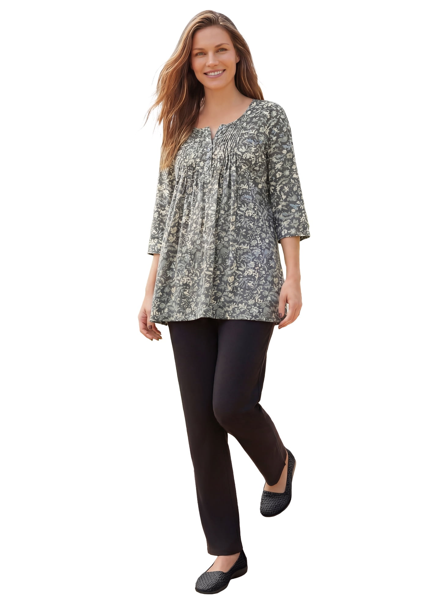 Woman Within Plus Size 7-Day Three-Quarter Sleeve Pintucked Henley ...