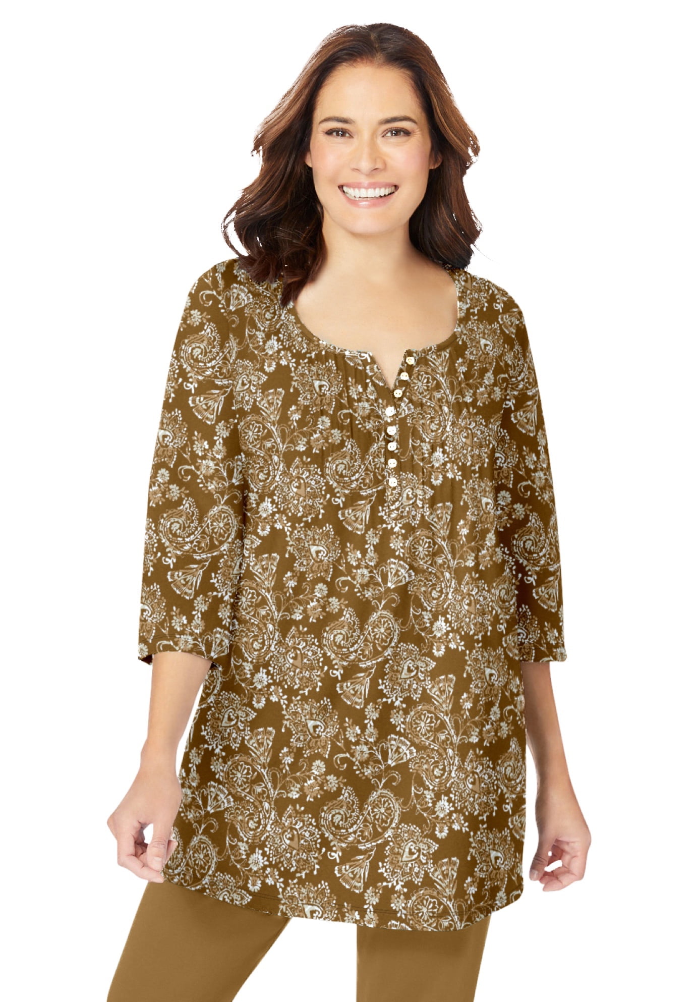 Woman Within Plus Size 7-Day Three-Quarter Sleeve Pintucked Henley ...