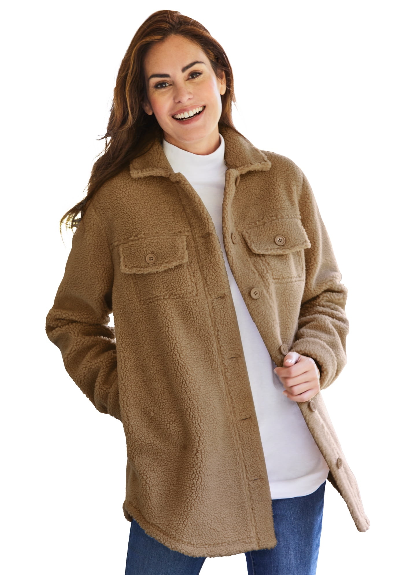 Woman Within Plus Size Berber Shirt Jacket Long Oversized Fuzzy Fleece ...