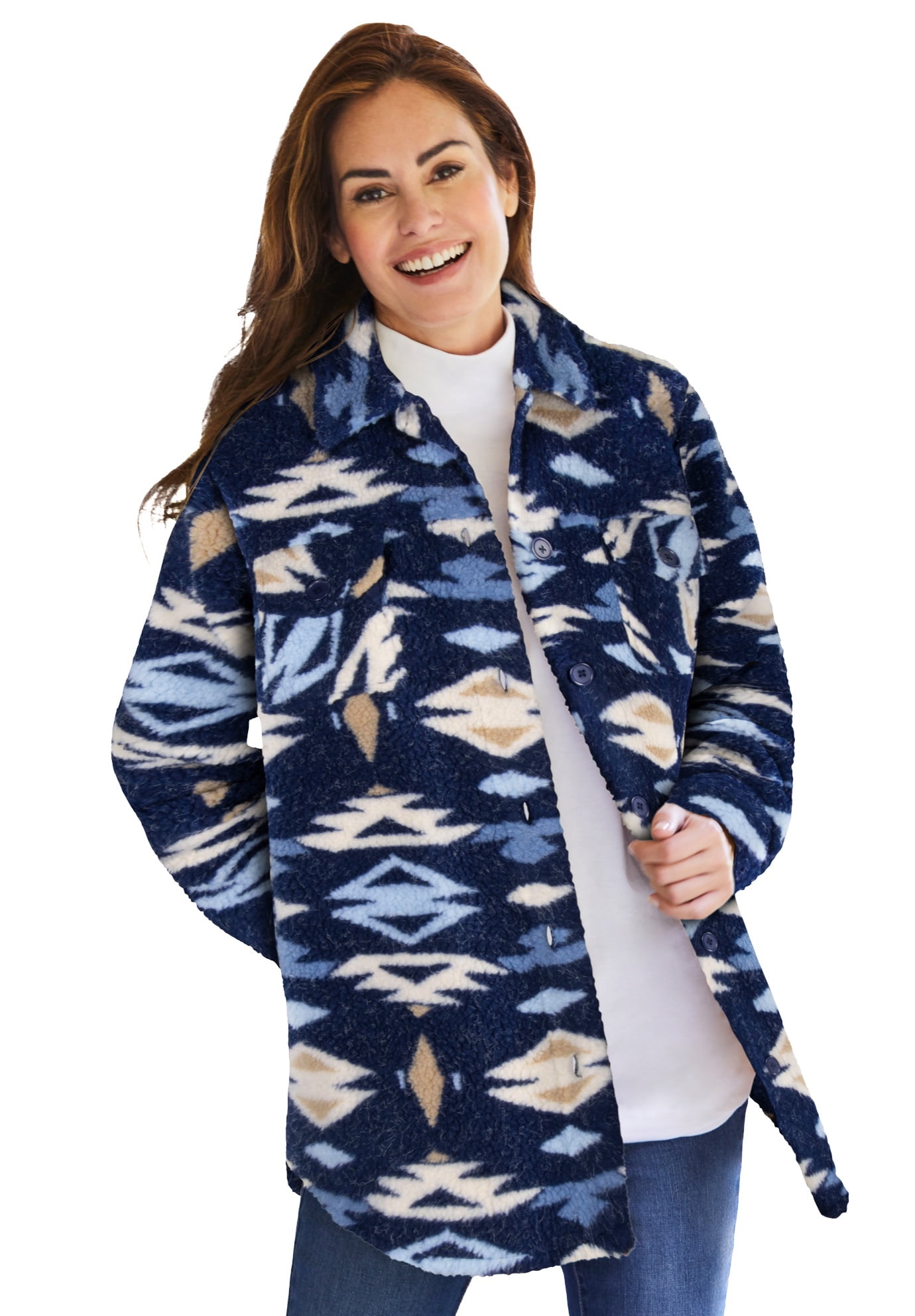 Woman Within Plus Size Berber Shirt Jacket Long Oversized Fuzzy Fleece ...