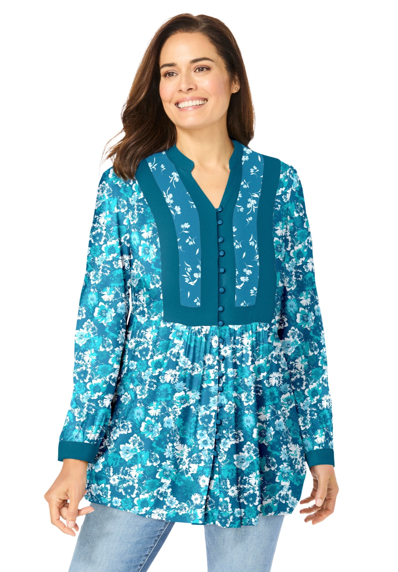 Woman Within Plus Size Button-Front Mixed Print Tunic - Walmart.com