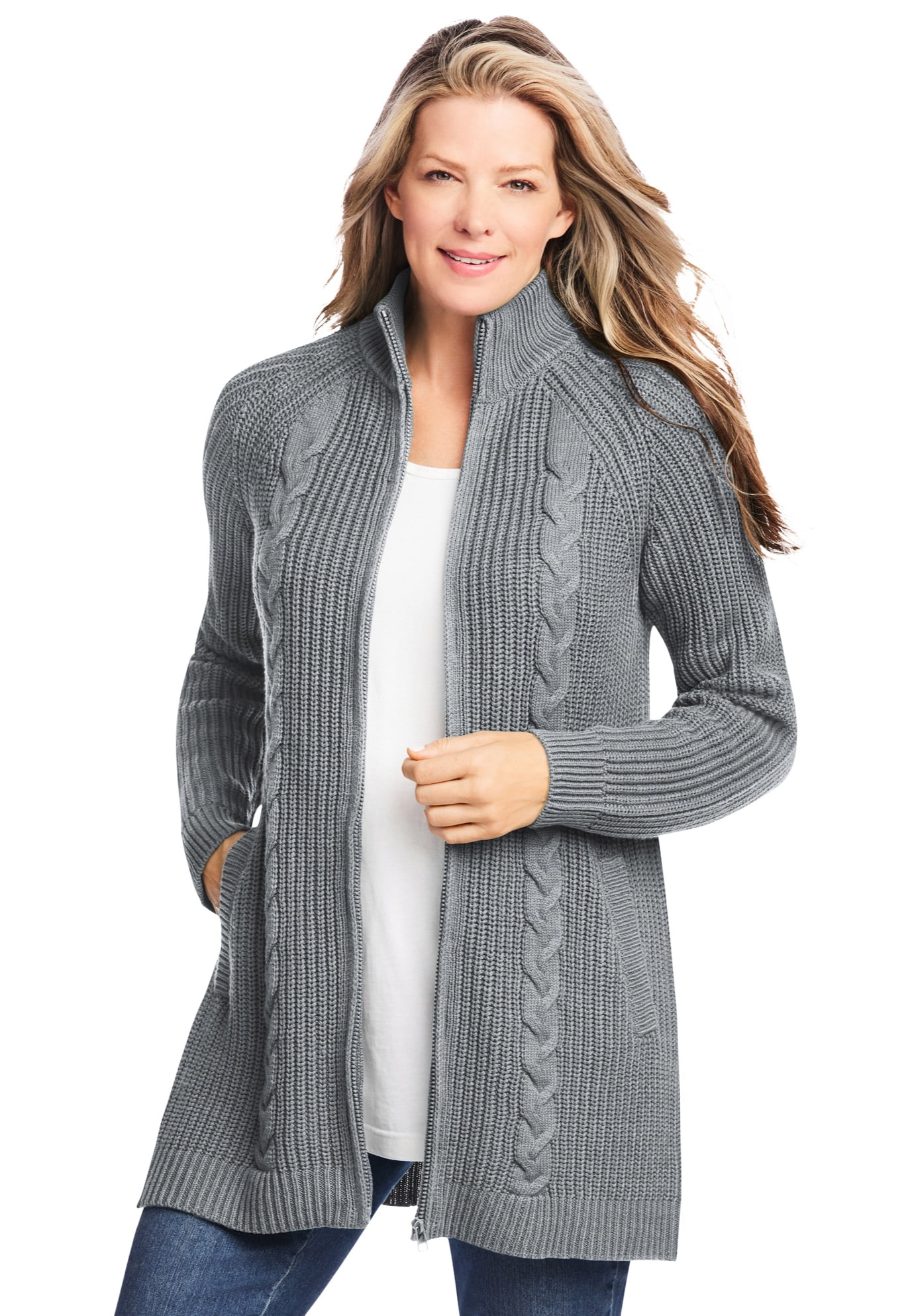 Woman Within Plus Size Cabled Zip-Front Cardigan Sweater - Walmart.com