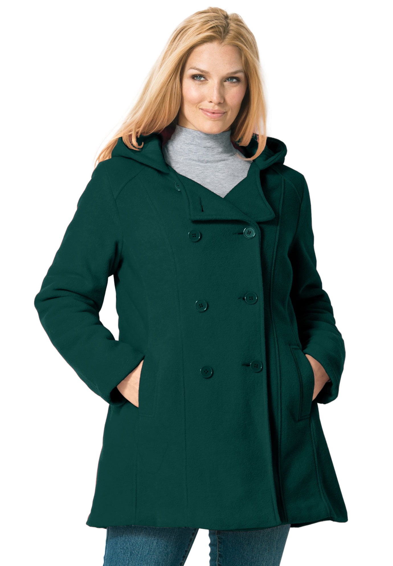 Woman Within Plus Size Double-Breasted Hooded Fleece Peacoat - Walmart.com