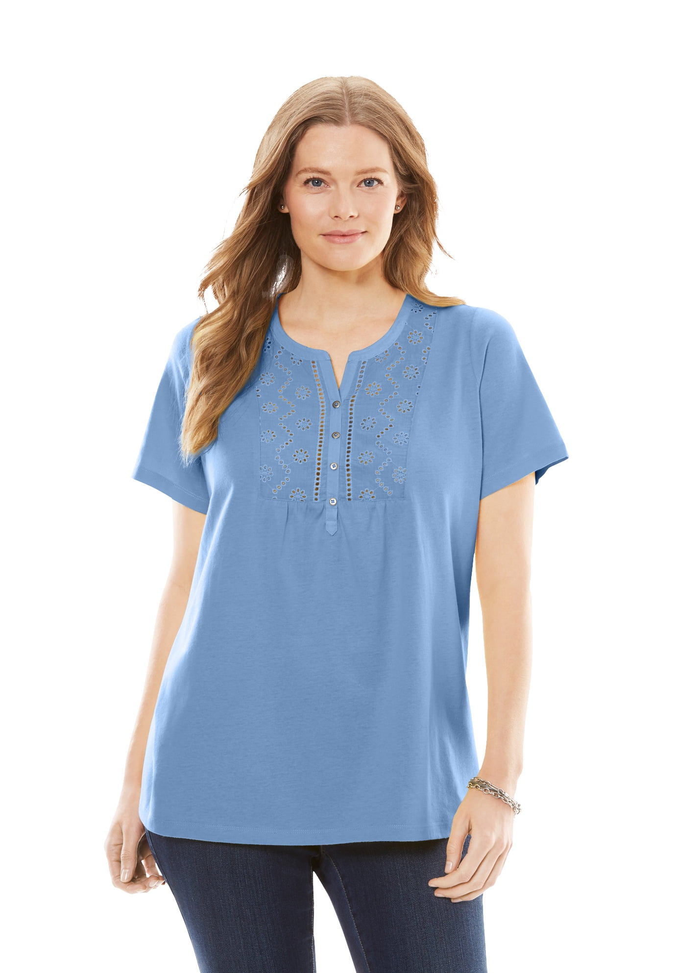 Woman Within Plus Size Eyelet Bib Henley Tee - Walmart.com