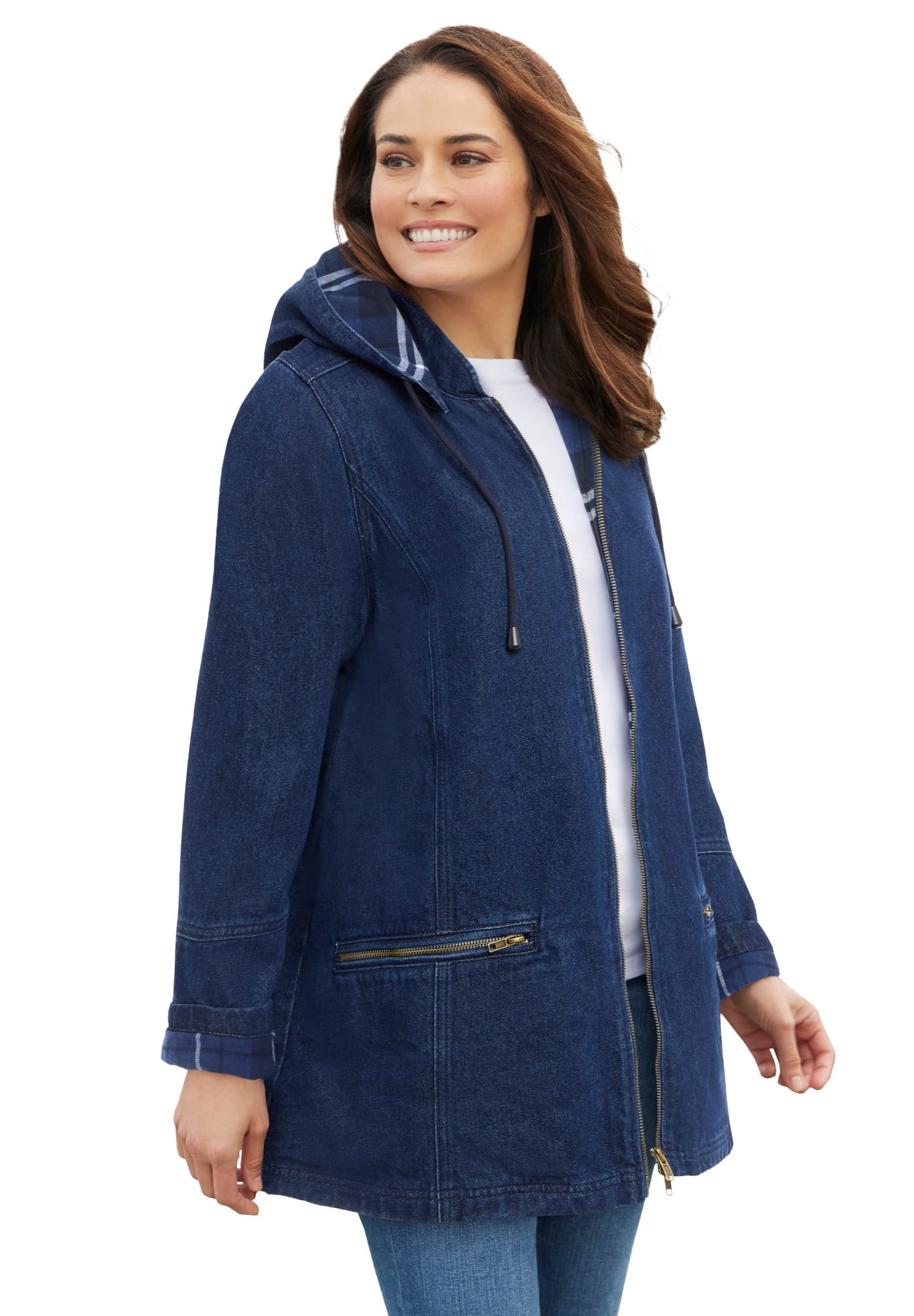 Woman Within Plus Size Flannel-Lined Denim Jacket Removable Hood Long ...