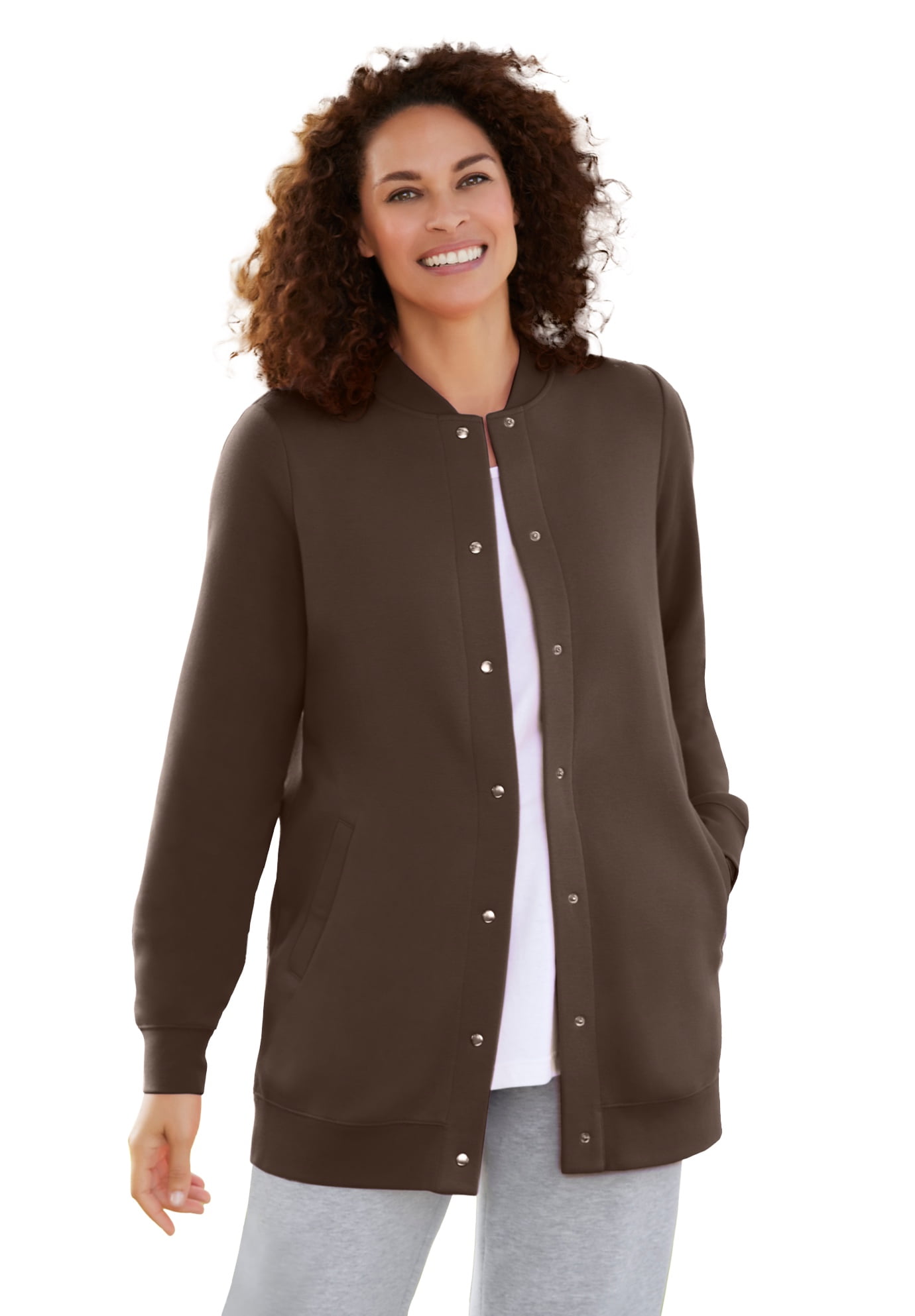 Woman Within Plus Size Fleece Baseball Jacket Long Oversized Fleece ...