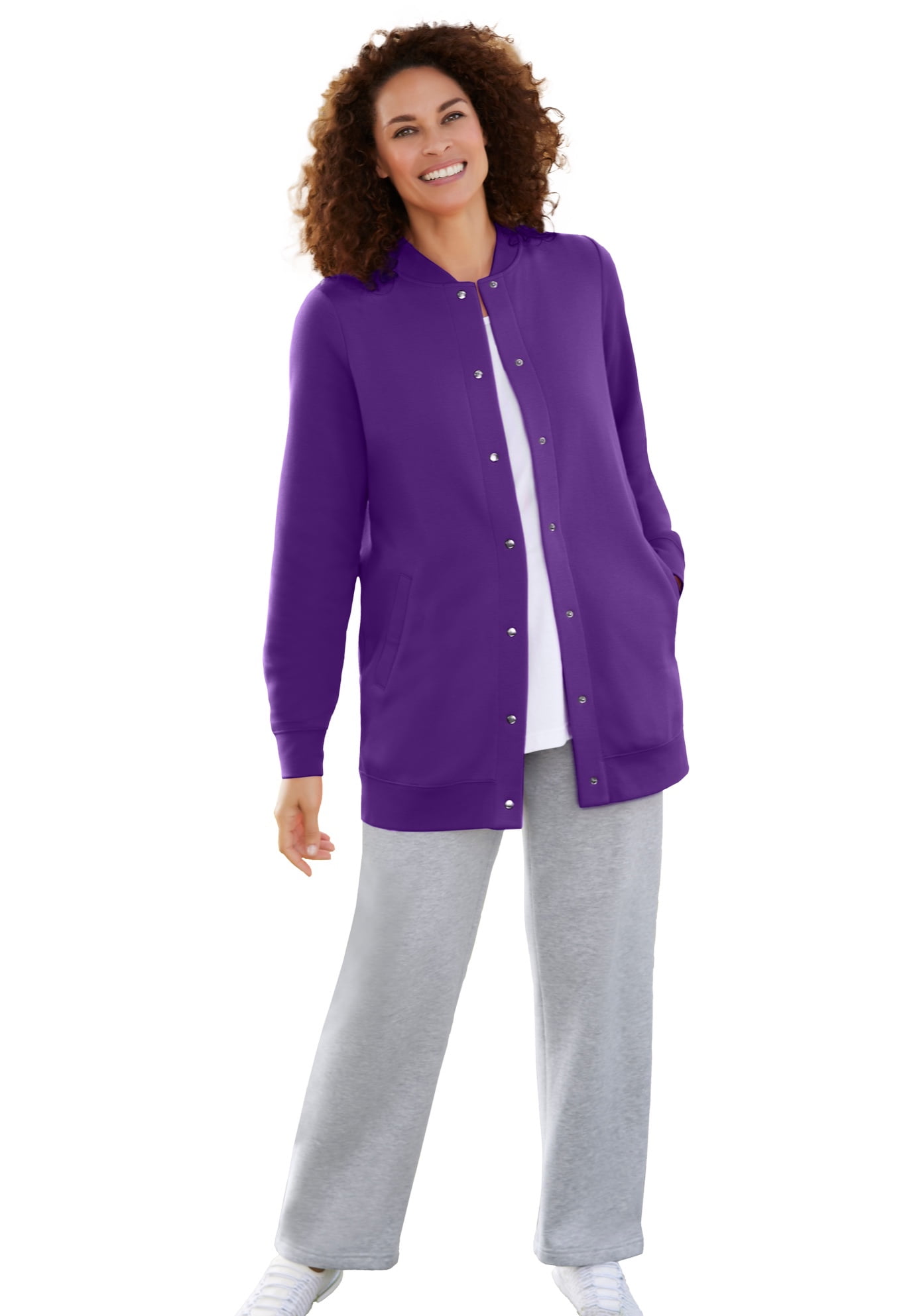 Woman Within Plus Size Fleece Baseball Jacket Long Oversized Fleece ...