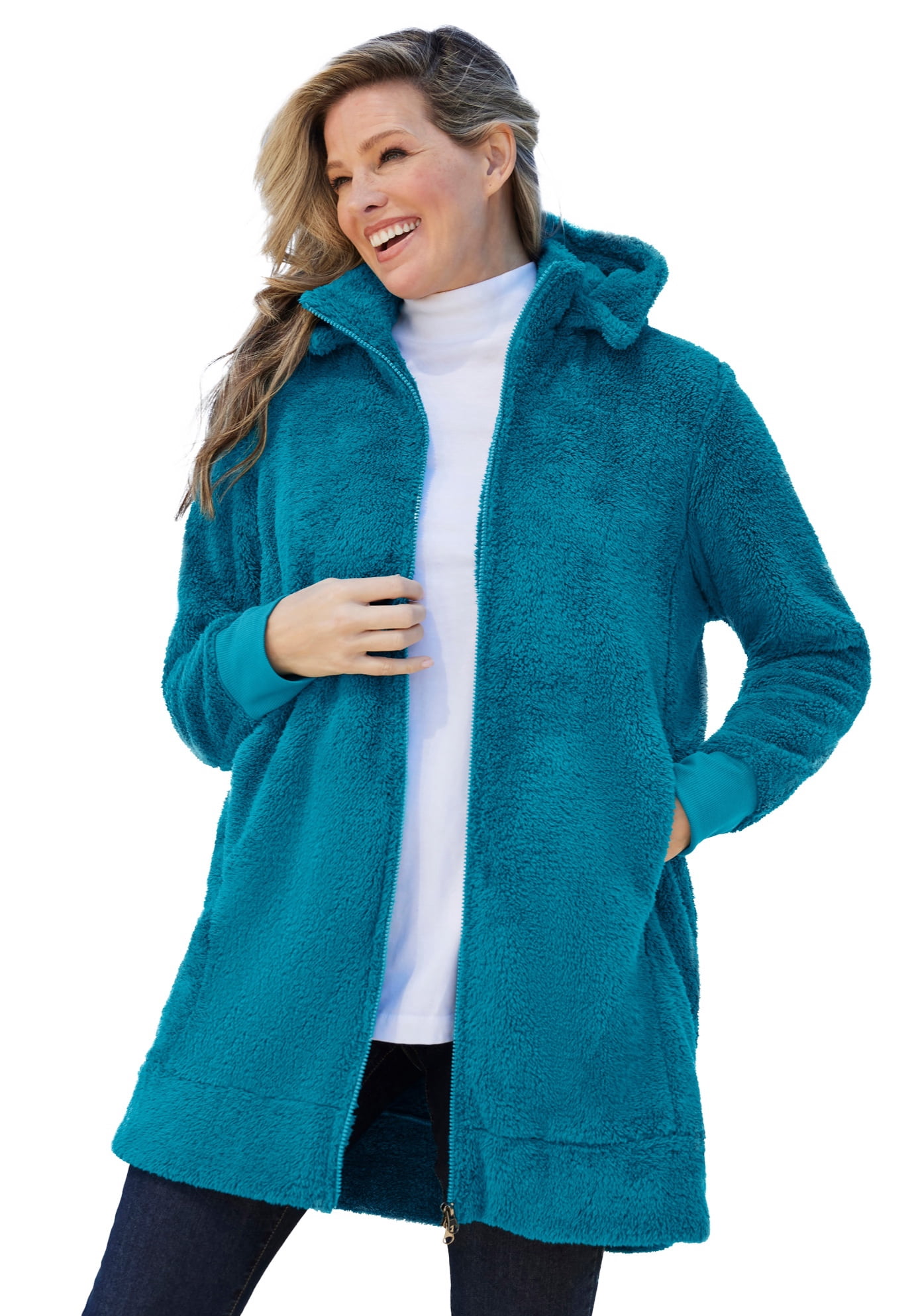Woman Within Plus Size Fleece Hooded Jacket Long Oversized Zip-Up Fuzzy ...