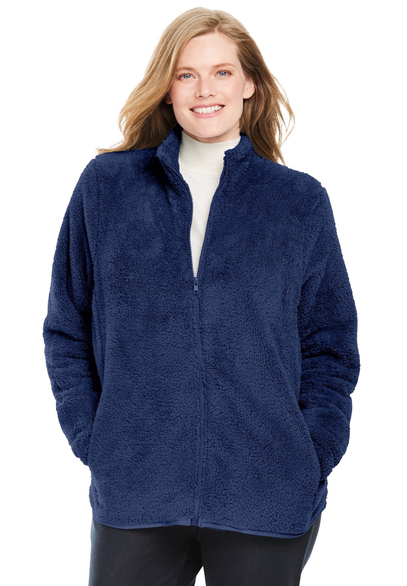 Woman Within Plus Size Fluffy Fleece Jacket Oversized Zip-Up Jacket ...